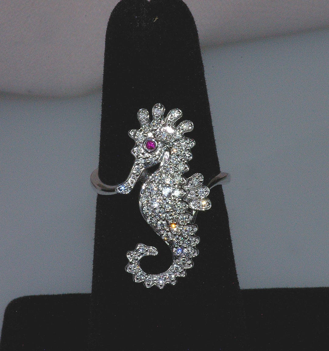 18k, Seahorse Ring, Diamond, Ruby, Nature, Animal, White Gold, Sealife ...