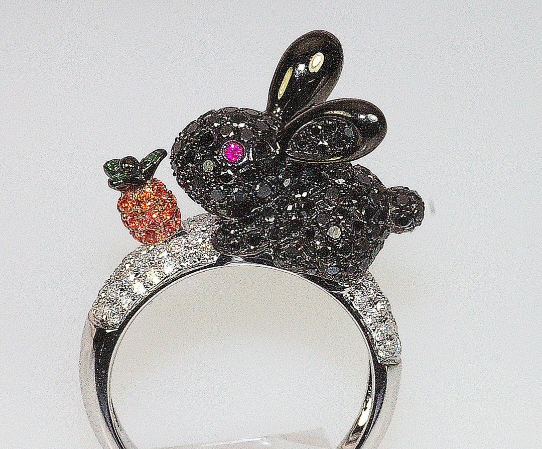 18k Bunny Rabbit Ring, White Gold Diamond, Animal Nature, Multi Color ...