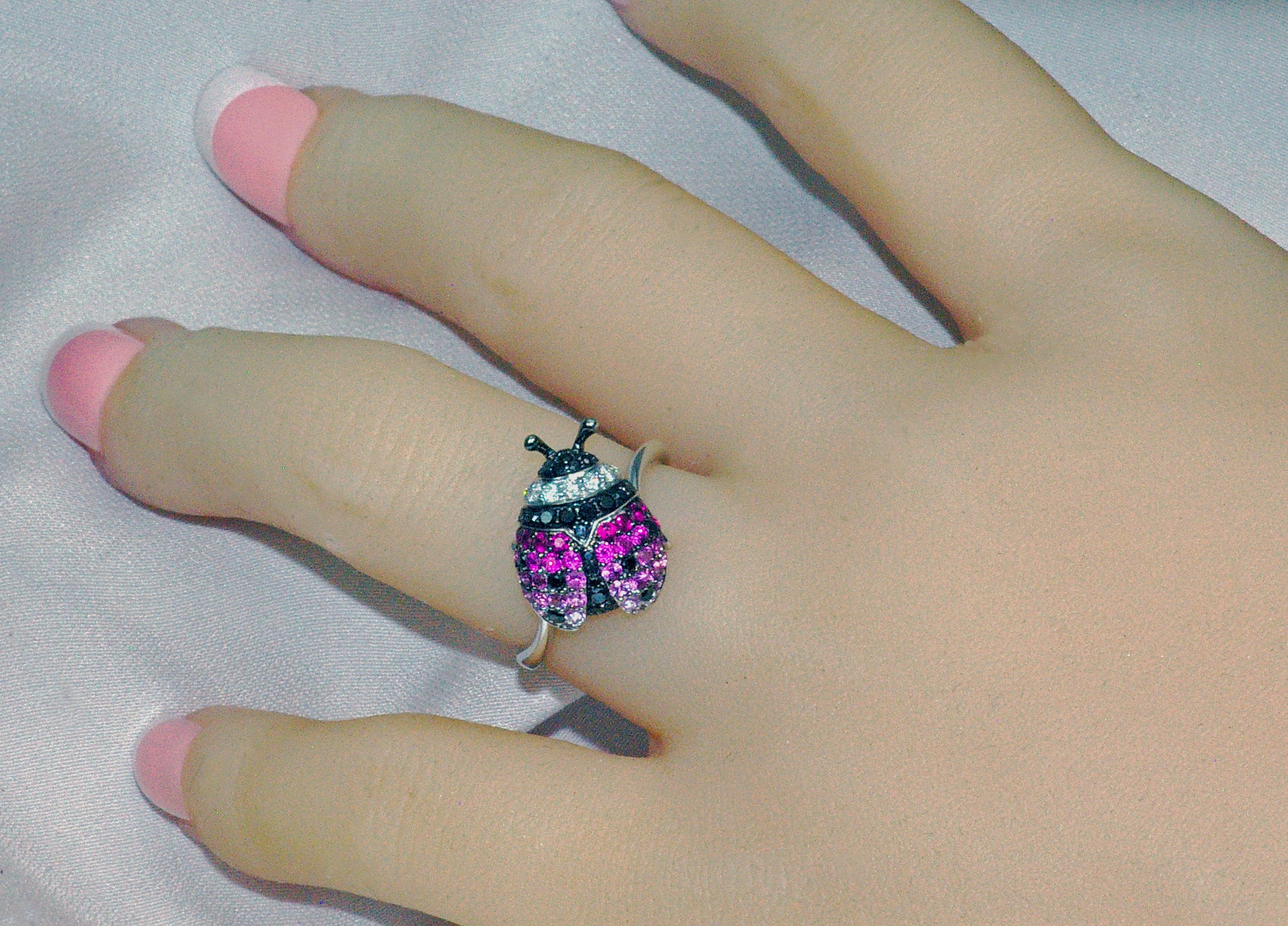 18K Lucky Charm Ladybug Ring Ruby Black & White Diamond Pink - Etsy