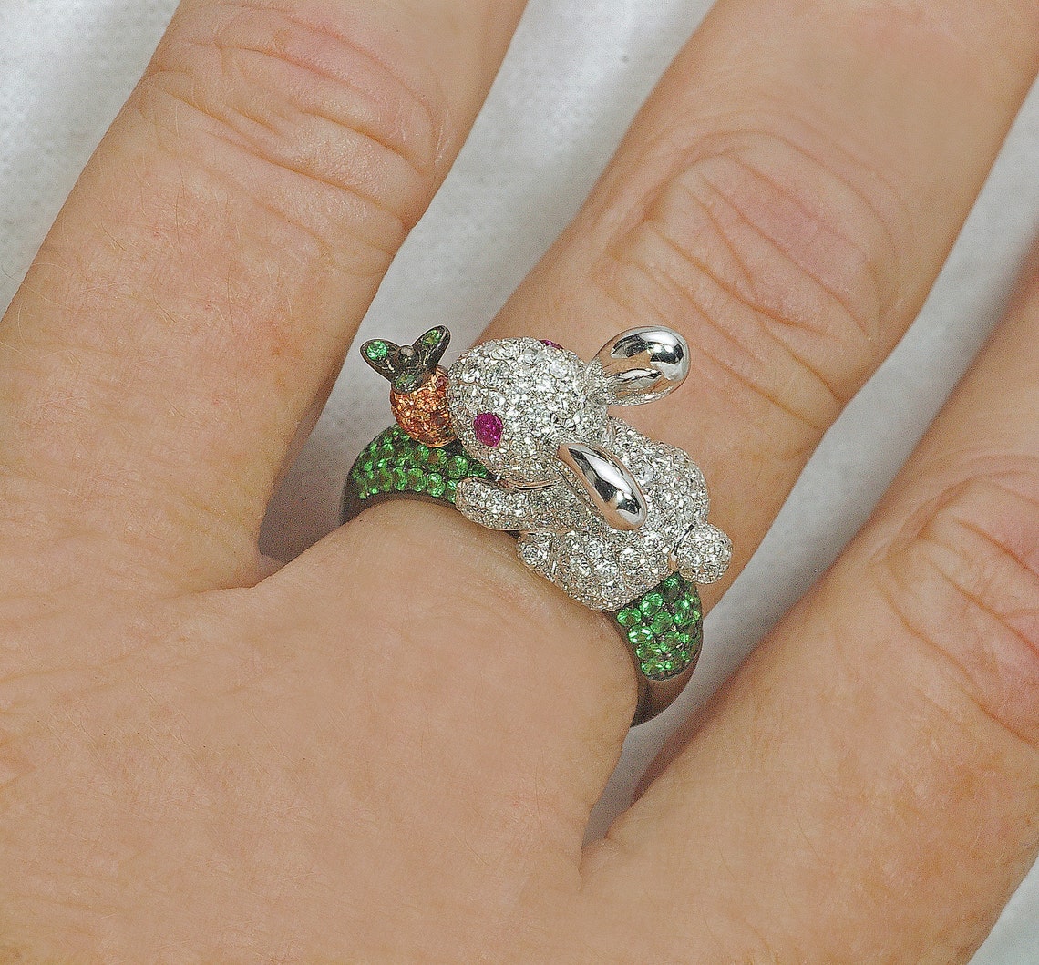 18k Pink Sapphire Baby Bunny Rabbit Ring White Diamond Ruby - Etsy