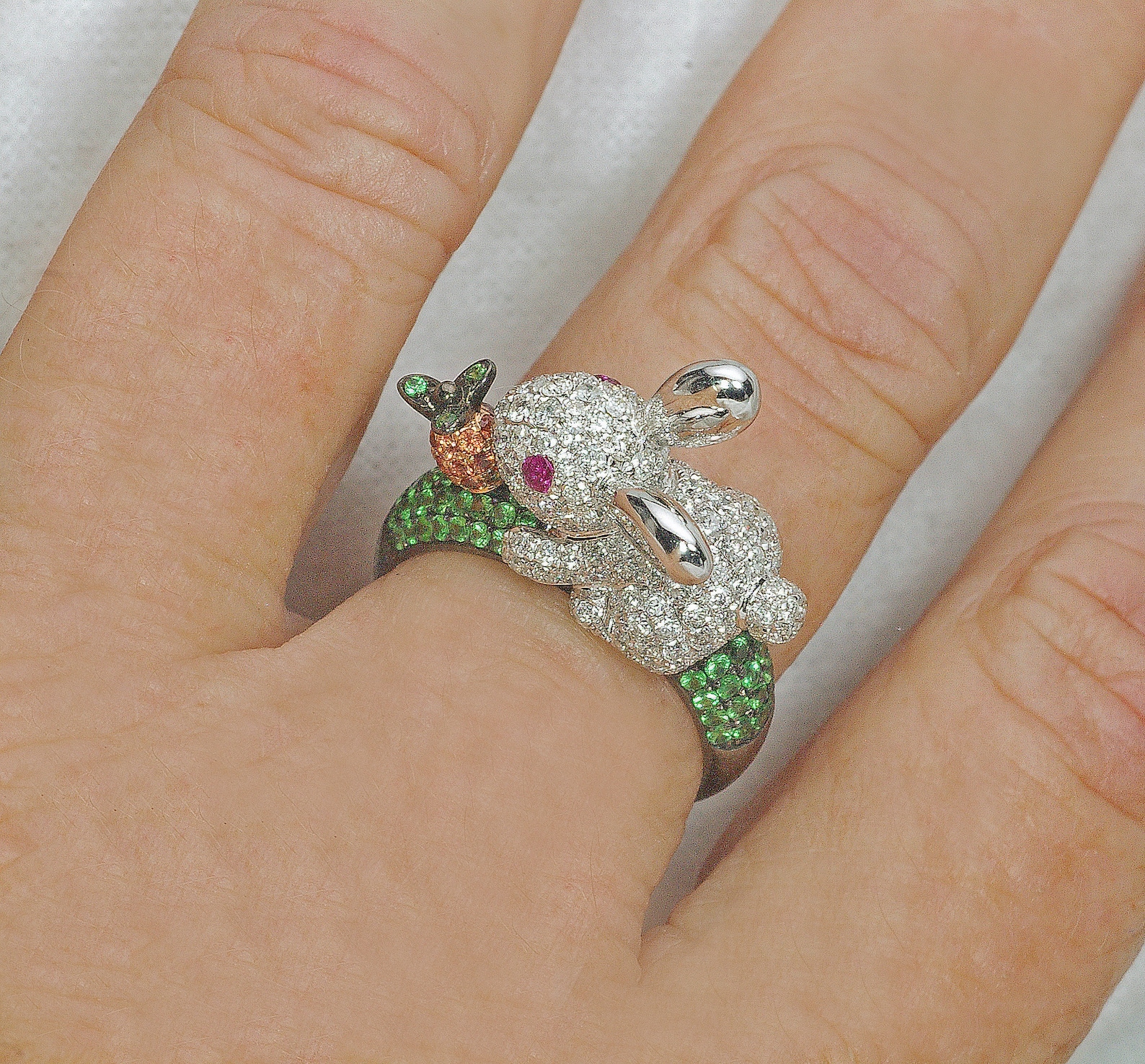 18k Pink Sapphire, Baby Bunny, Rabbit Ring, White Diamond Ruby Green ...