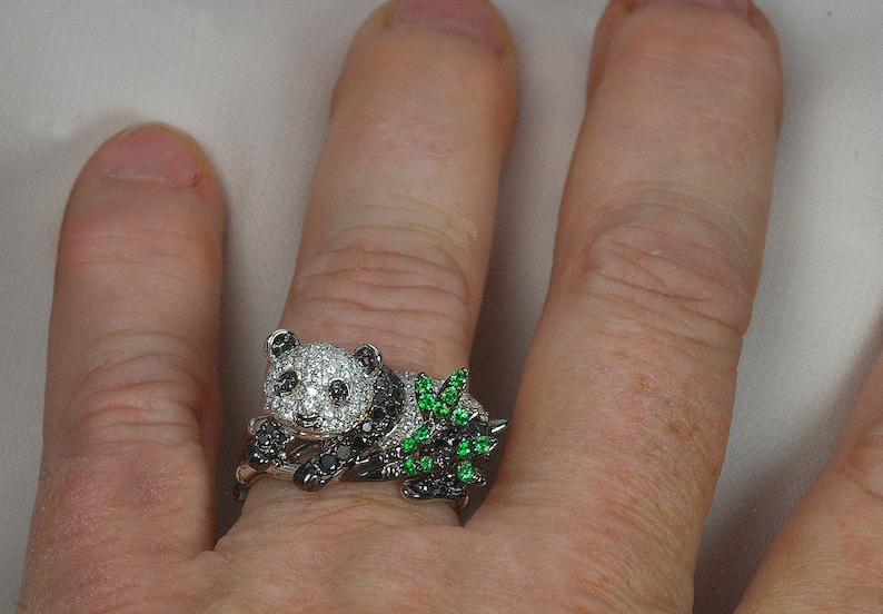 18k Black White Diamond Asian Panda Bear Ring, White Gold Designer ...