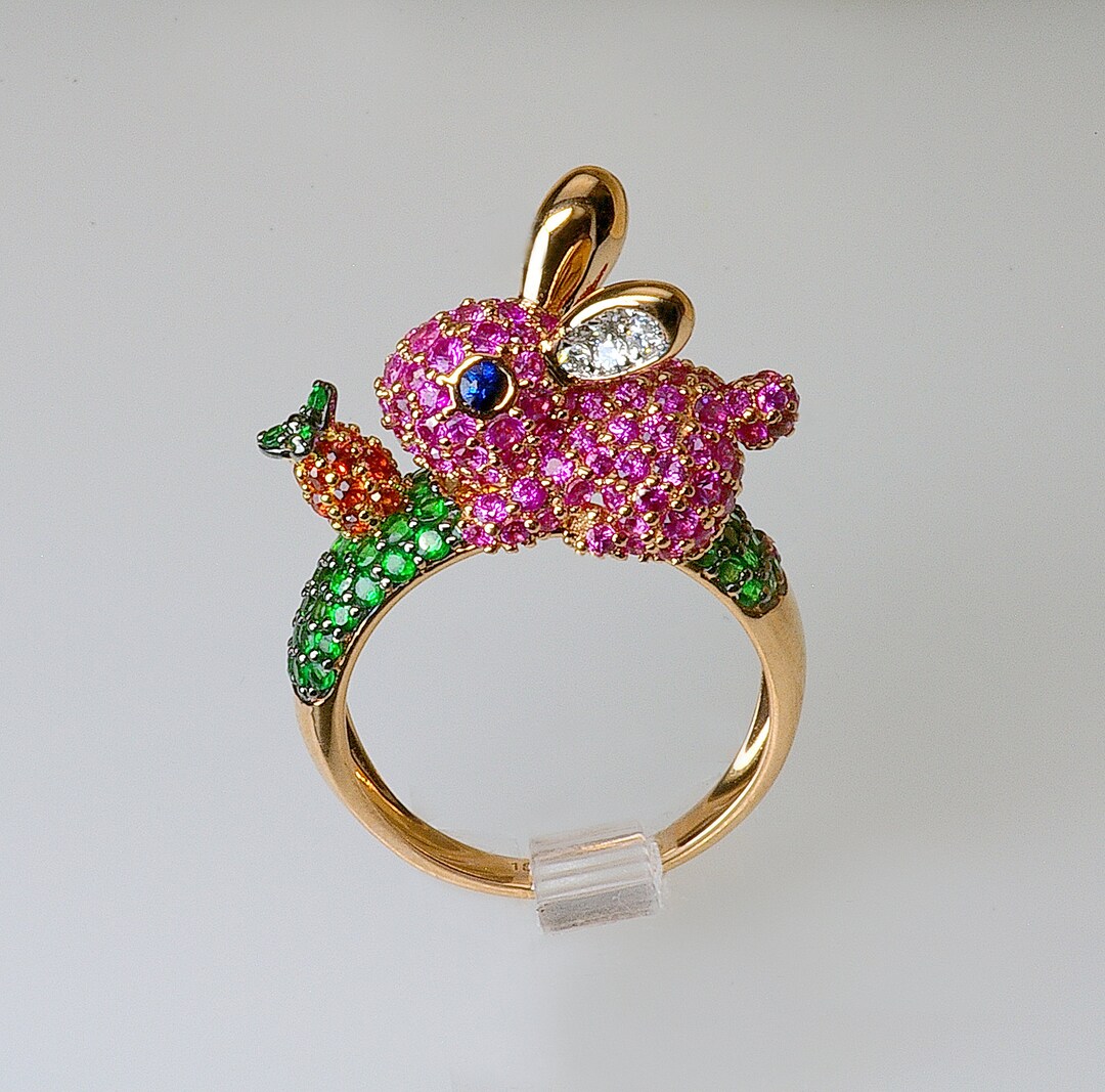 18k Pink Sapphire, Baby Bunny, Rabbit Ring, White Diamond Ruby Green ...