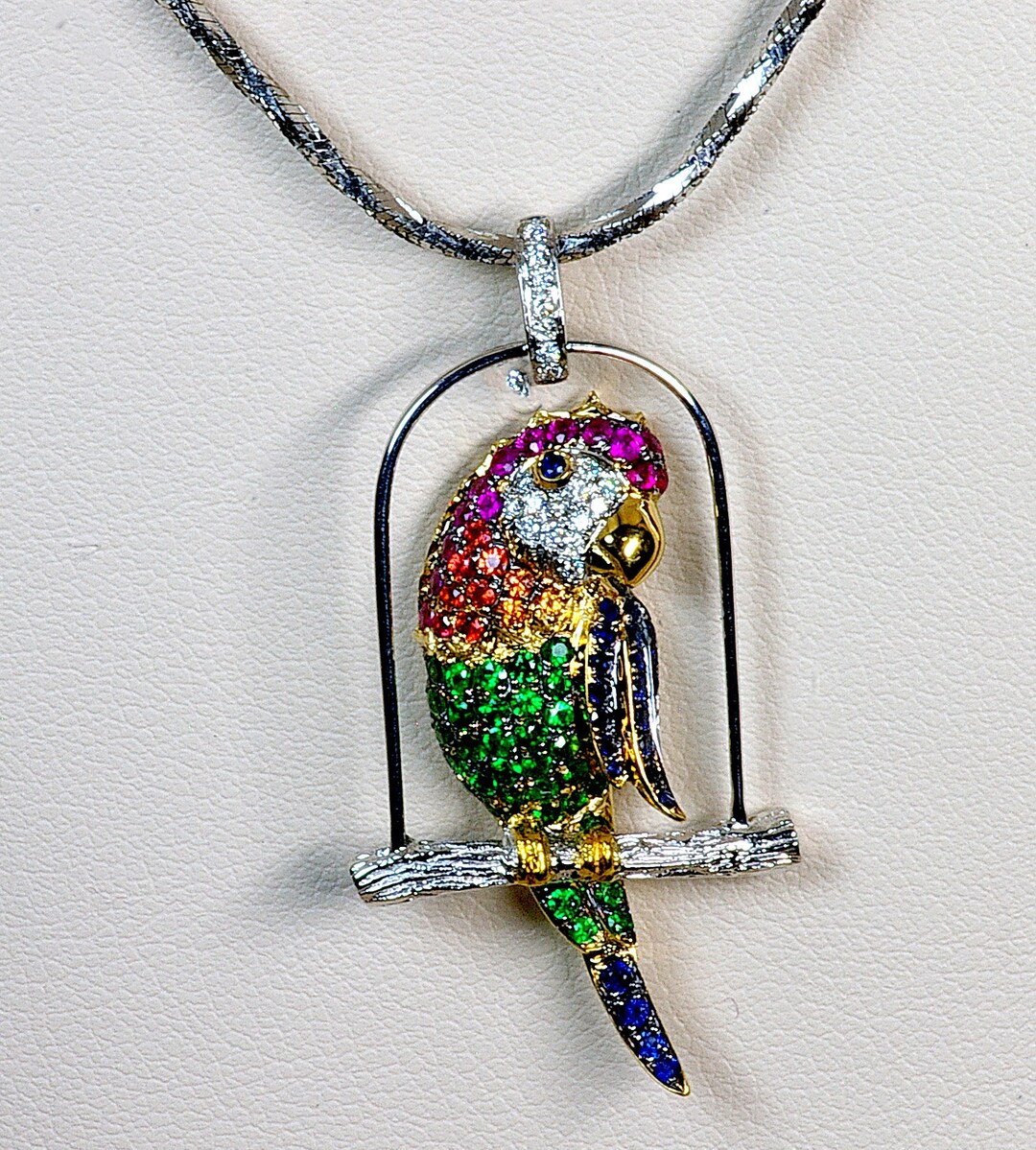 18k, Bird Pendant, Cockatiel, Parrot, Macaw, Tropical Bird, Multi Gem ...