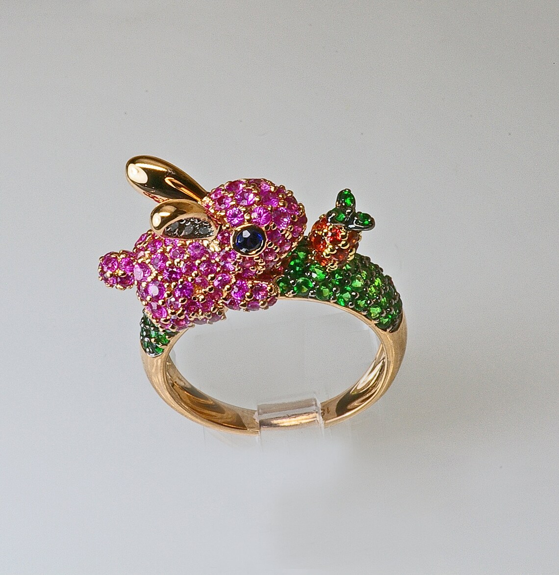 18k Pink Sapphire, Baby Bunny, Rabbit Ring, White Diamond Ruby Green ...