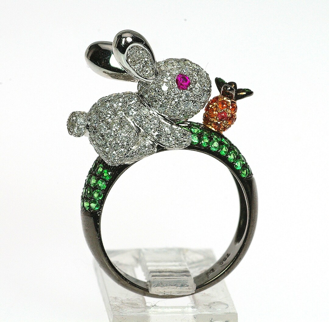 18k, Bunny Rabbit Ring, Sapphire Ruby Green Tsavorite Garnet Orange ...