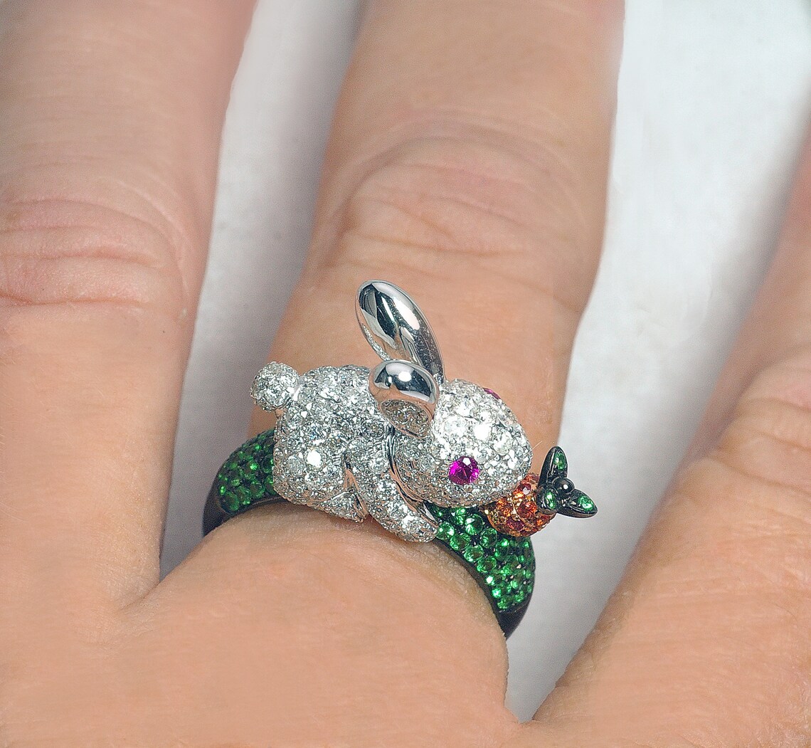 18k Pink Sapphire, Baby Bunny, Rabbit Ring, White Diamond Ruby Green ...