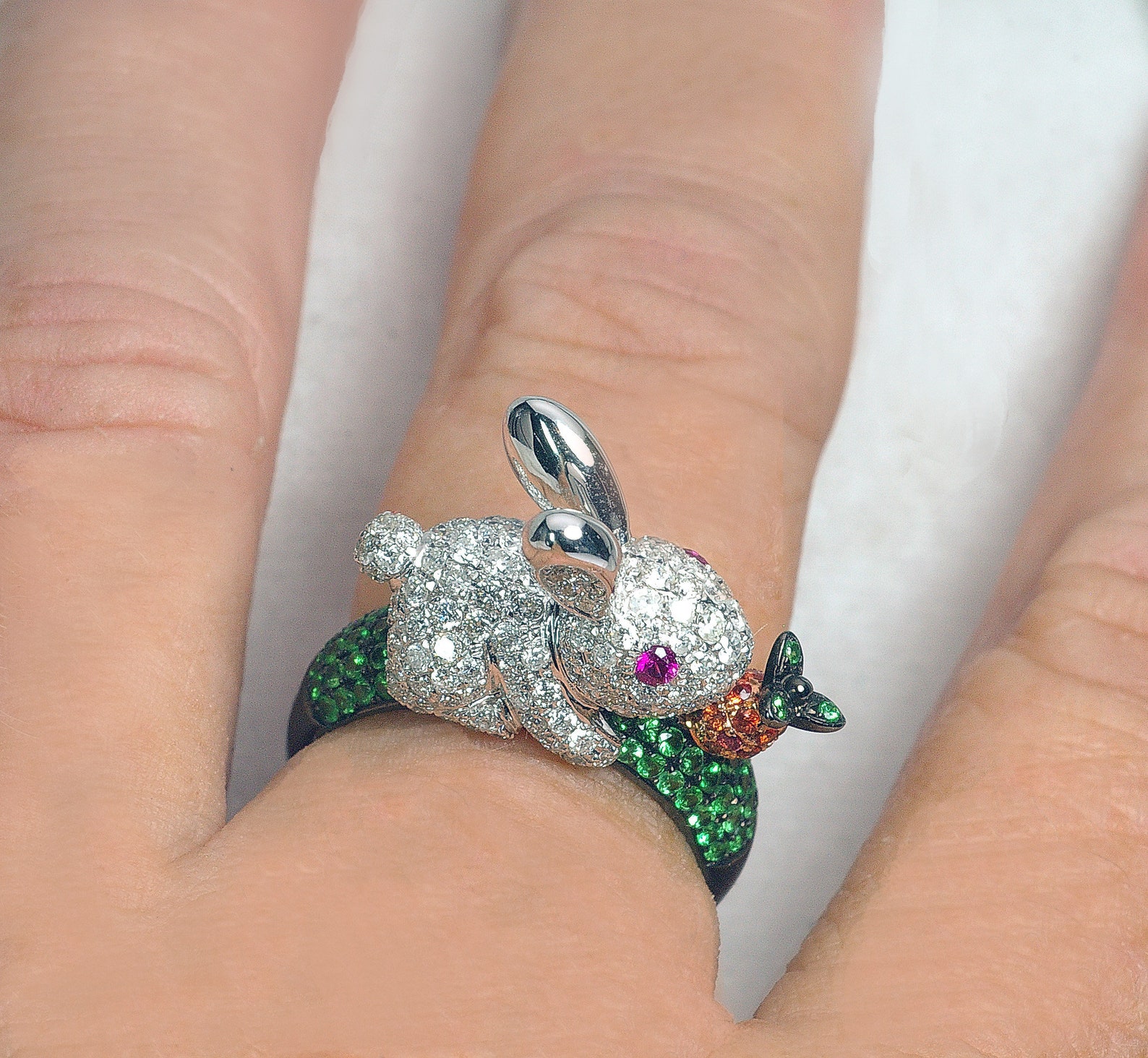 18k Pink Sapphire, Baby Bunny, Rabbit Ring, White Diamond Ruby Green ...
