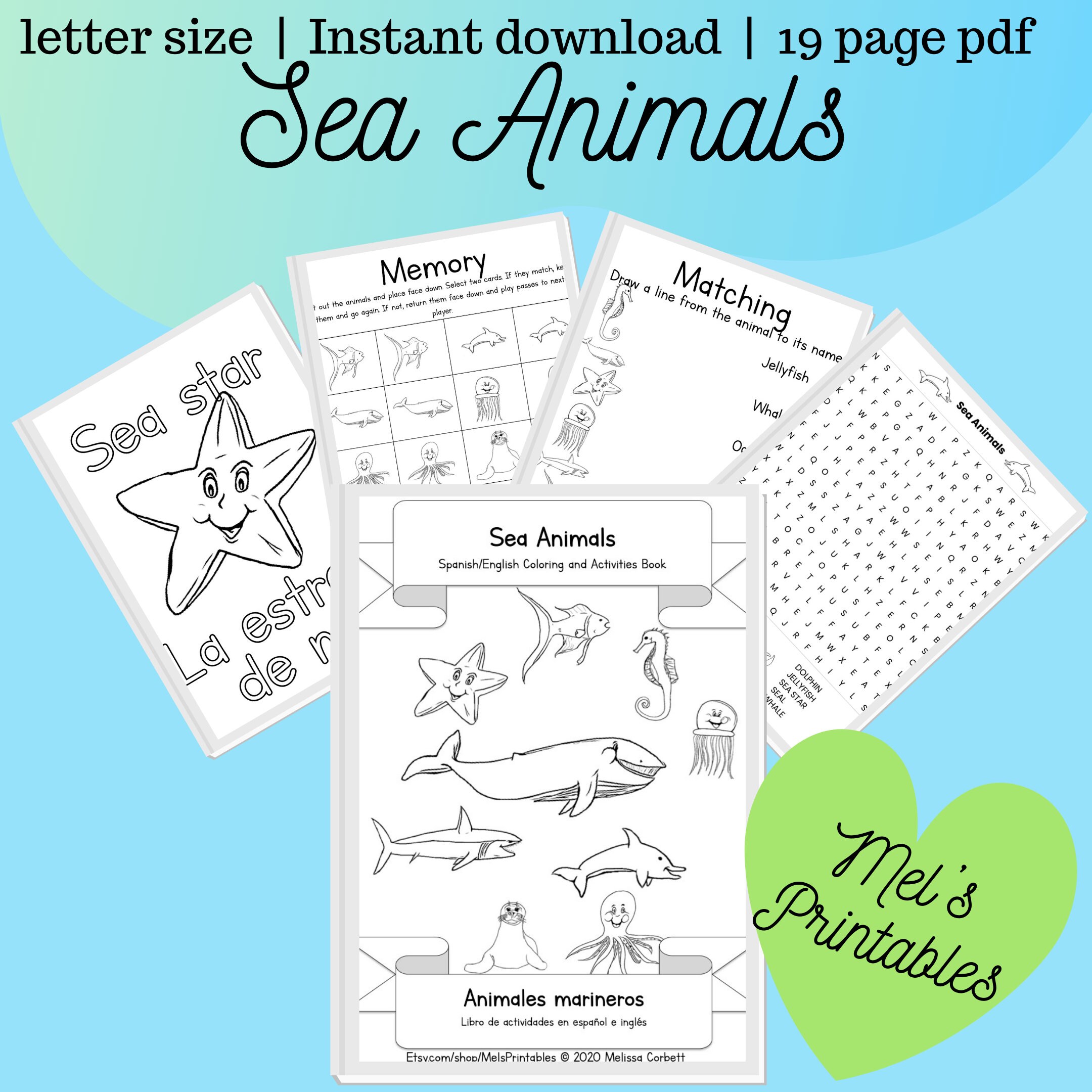 Sea Animals Spanish English Bilingual Coloring and Activities Book - Etsy