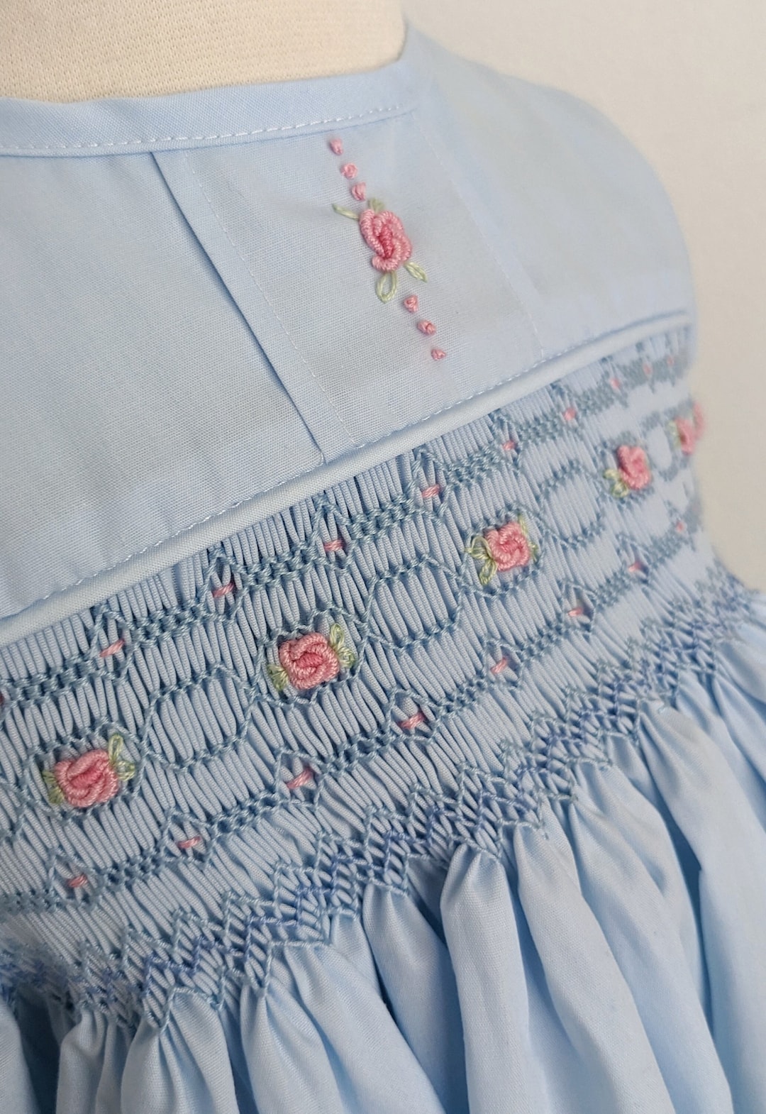 Pale Blue Smocked Dress With Bloomers. Geometric Smocking Features Pink ...