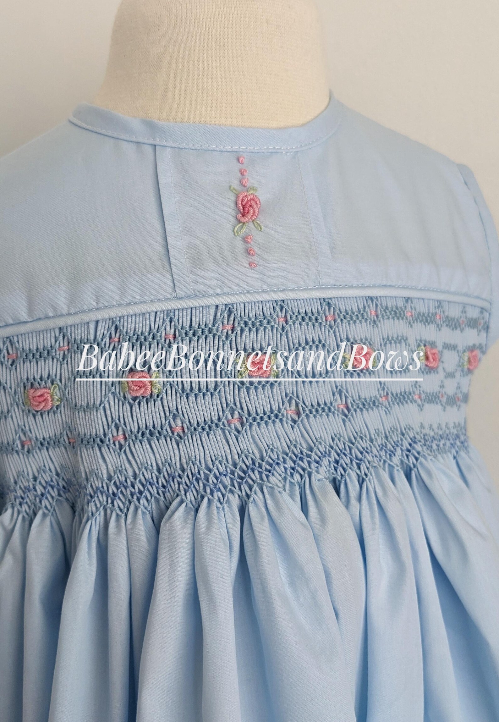 Pale Blue Smocked Dress With Bloomers. Geometric Smocking Features Pink ...