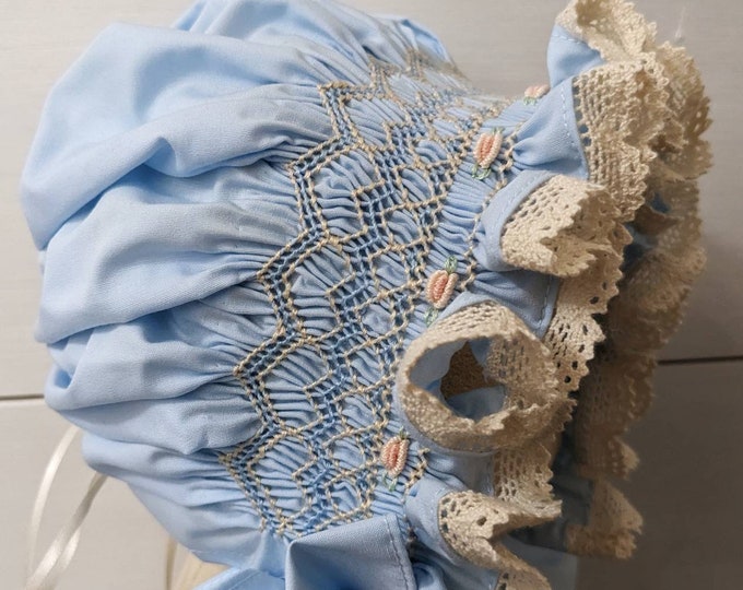 Baby Bonnet. Smocked Bonnet. Blue Smocked Bonnet. Easter Bonnet ...