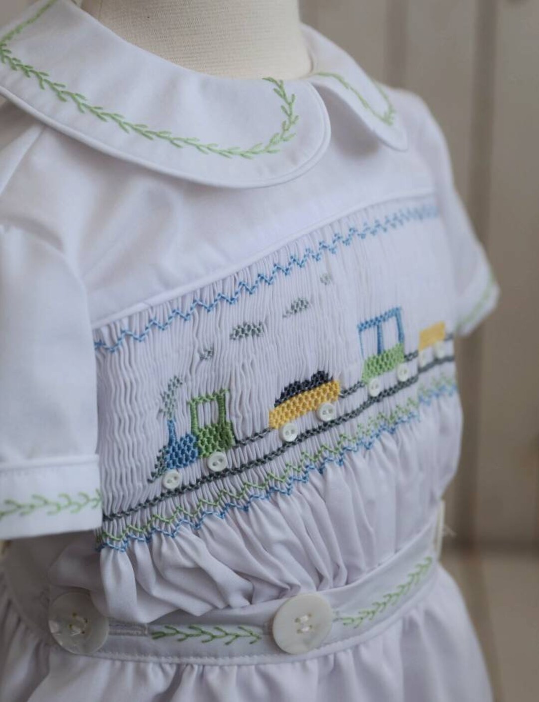 Smocked Train Suit. Boys Smocked Button-on Suit. White Button-on Suit ...