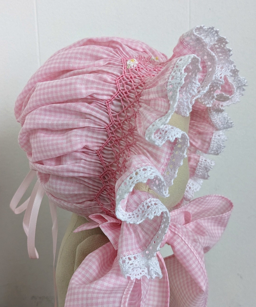 Smocked Baby Bonnet. Newborn Smocked Bonnet. Pink Gingham Bonnet. Pink ...