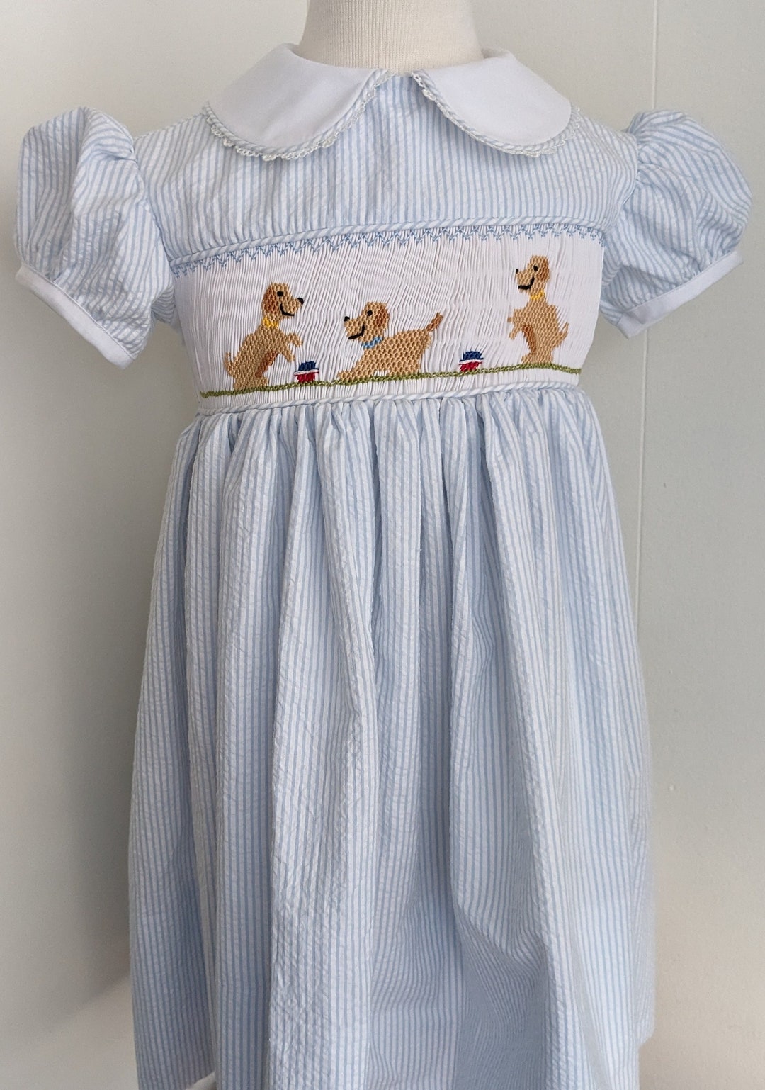Girls Puppy Dog Dress. Smocked Puppy. Blue Stripe Dress. Toddler Dress ...