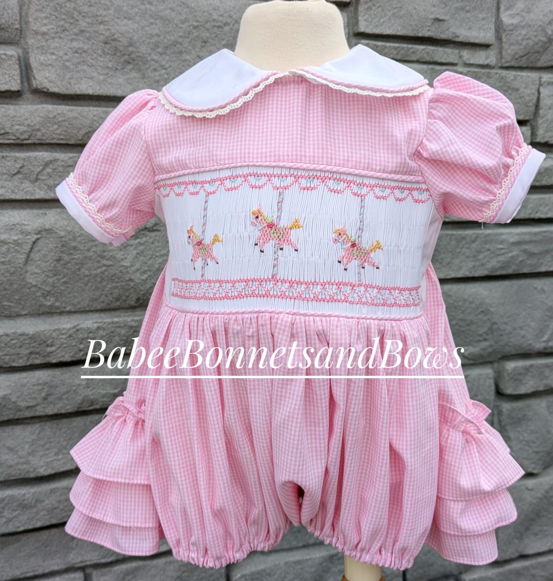 Baby Girl Ruffle Bottom Bubble Suit. Smocked Carousel Bubble Suit ...