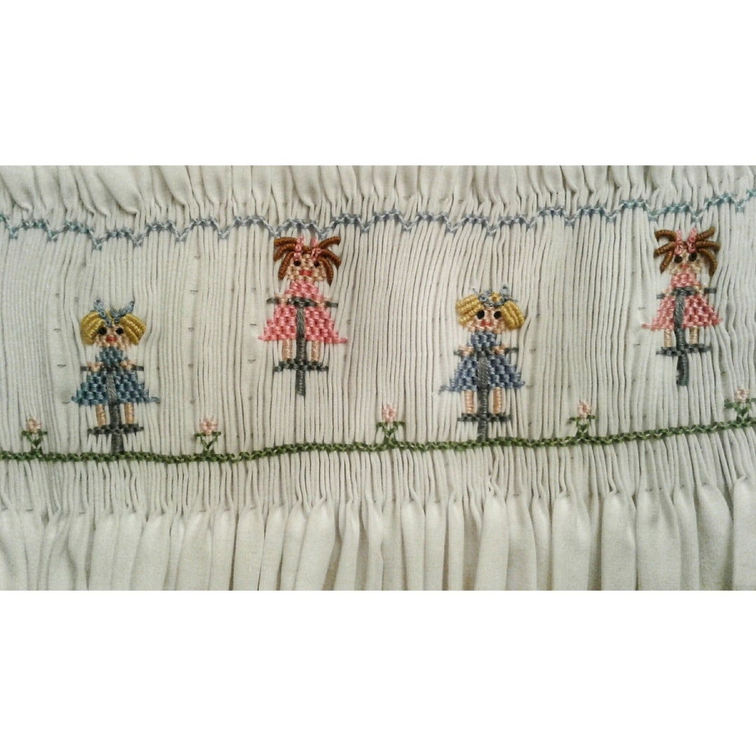 Smocked Insert With Pogo Girls. Smocked Girls With Pogo Sticks. Pre ...