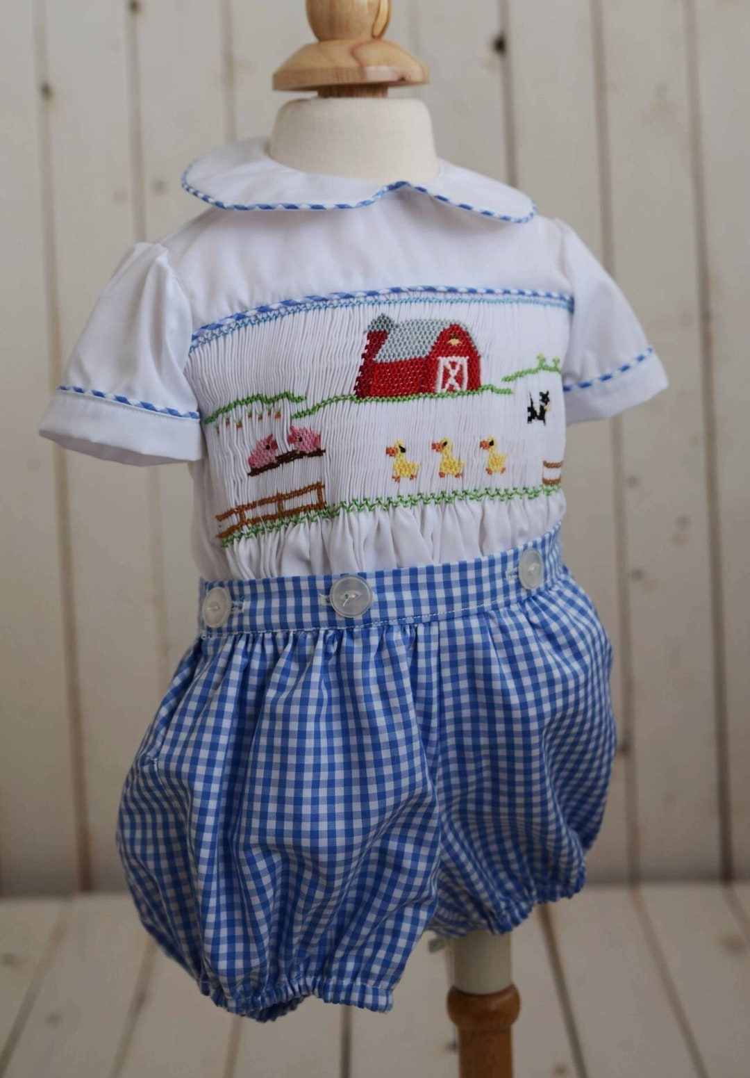 Boys Button on Suit. Boys Farm Suit. Smocked Boys Button-on Suit. Farm ...