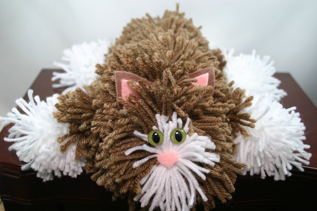 Soft Brown Yarn Cat Collectible, Brown and White Yarn Kitty With Green ...