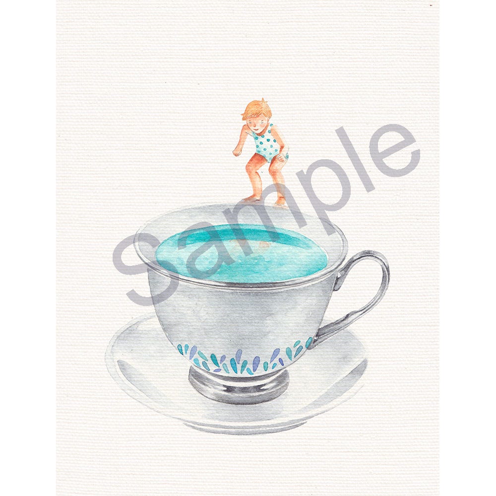 PRINTABLE Girl in Teacup Watercolor, SHEET Instant Download 8x10 - Etsy