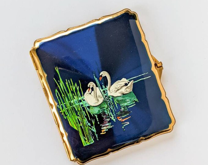 1950s Stratton Metal Cigarette Case With Swans on Blue Enamel Made in ...
