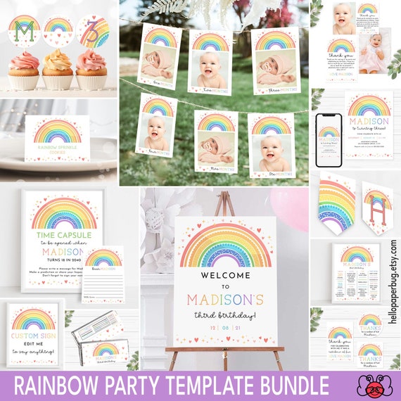Rainbow Birthday Template Bundle, Printable Rainbow Party Decor ...