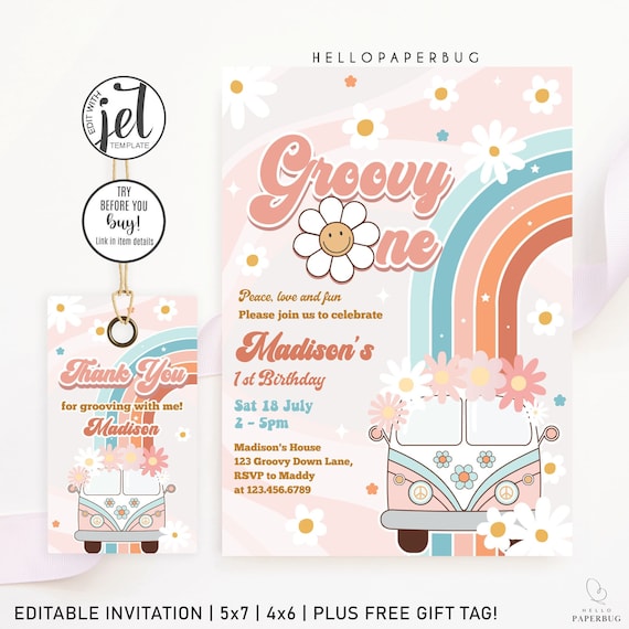 Editable Groovy One Van Peach Daisy Rainbow Groovy Van 1st Birthday ...