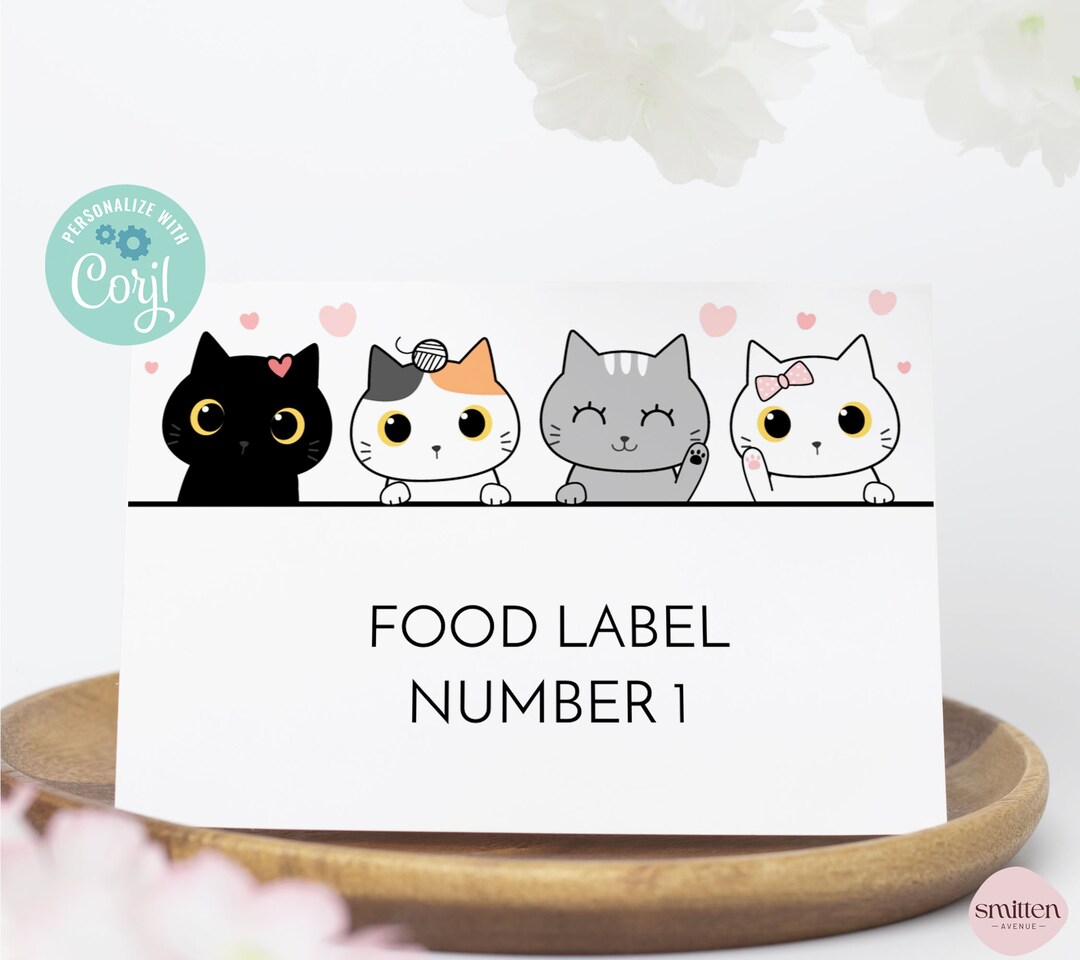 Kitten Food Labels Cat Birthday Party Tent Cards Kitty Party Table ...