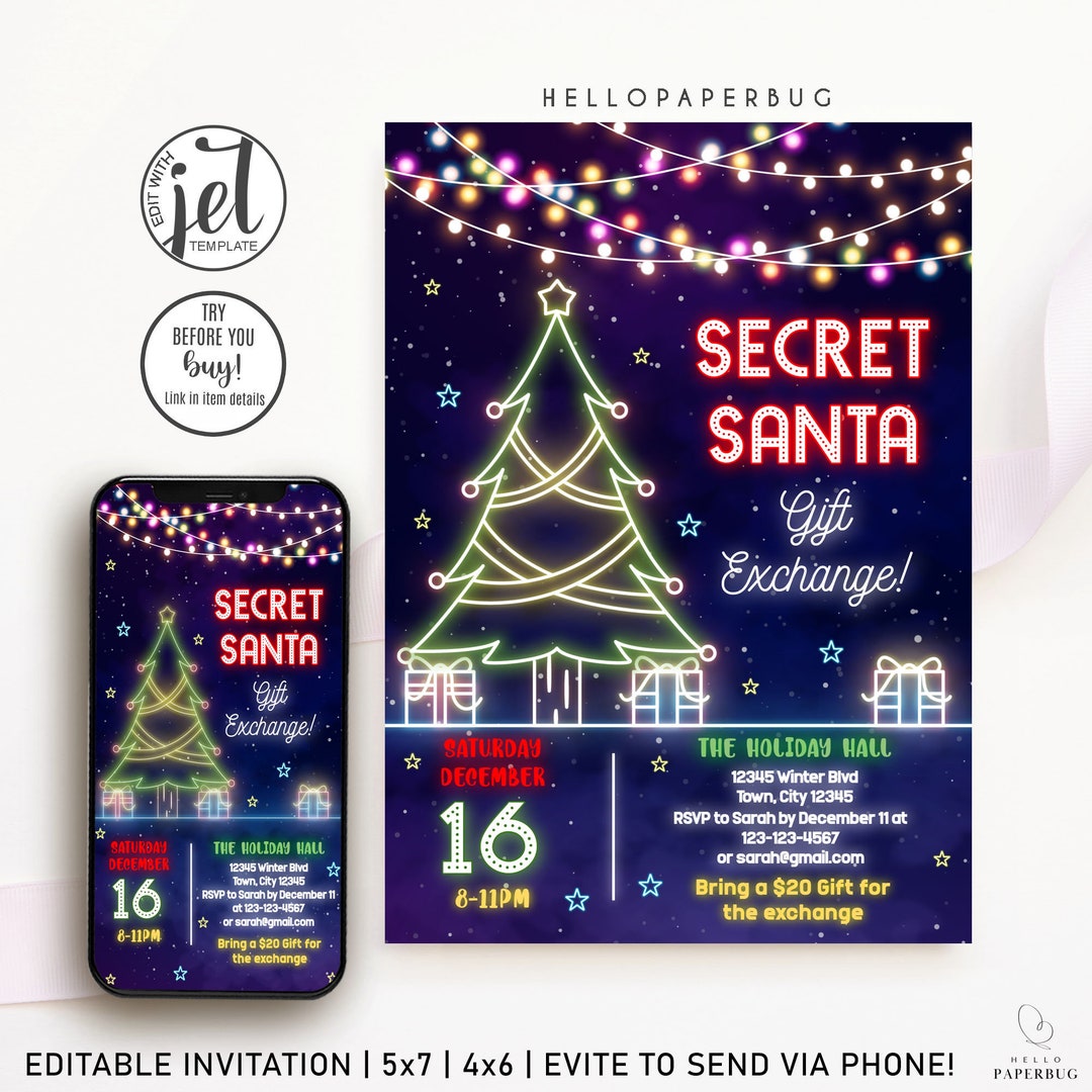 Colorful Secret Santa Party Invitation Editable Template, Holiday Gift ...