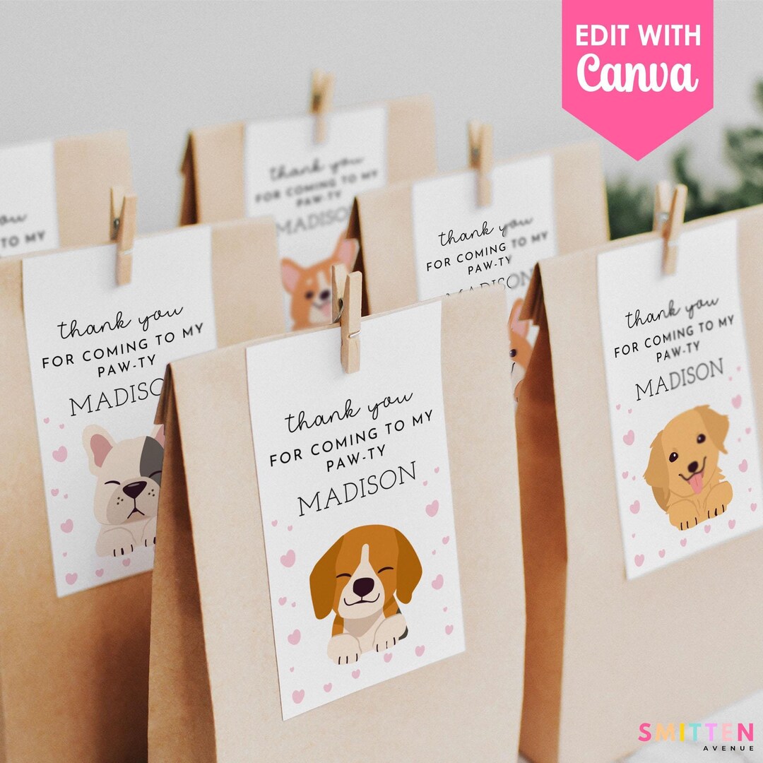 Lets Pawty Favor Tags in Pink Dog Thank You Puppy Gift Tag Printable ...