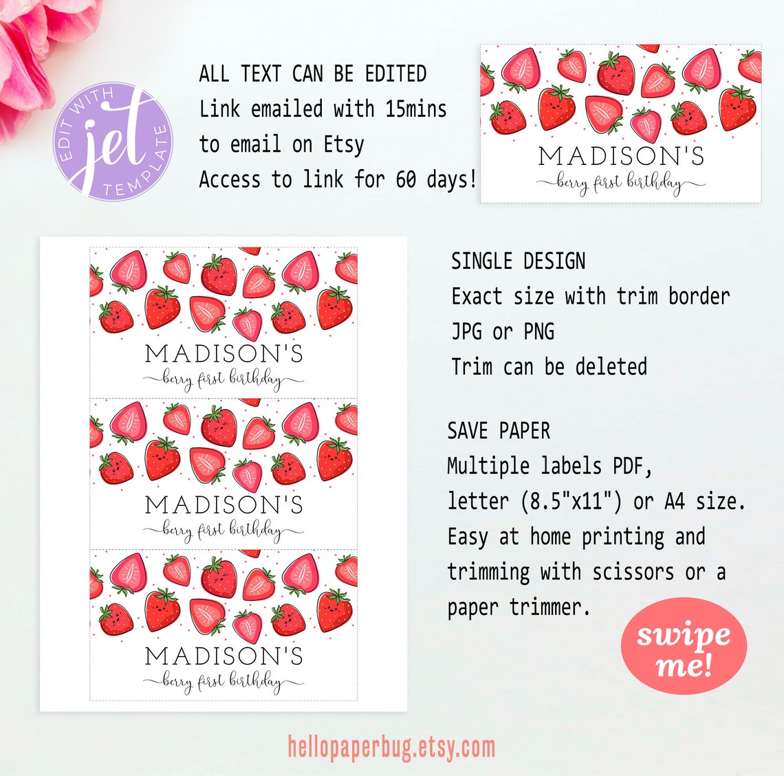 Berry First Gable Box Label Cute Strawberry Gift Box Party - Etsy