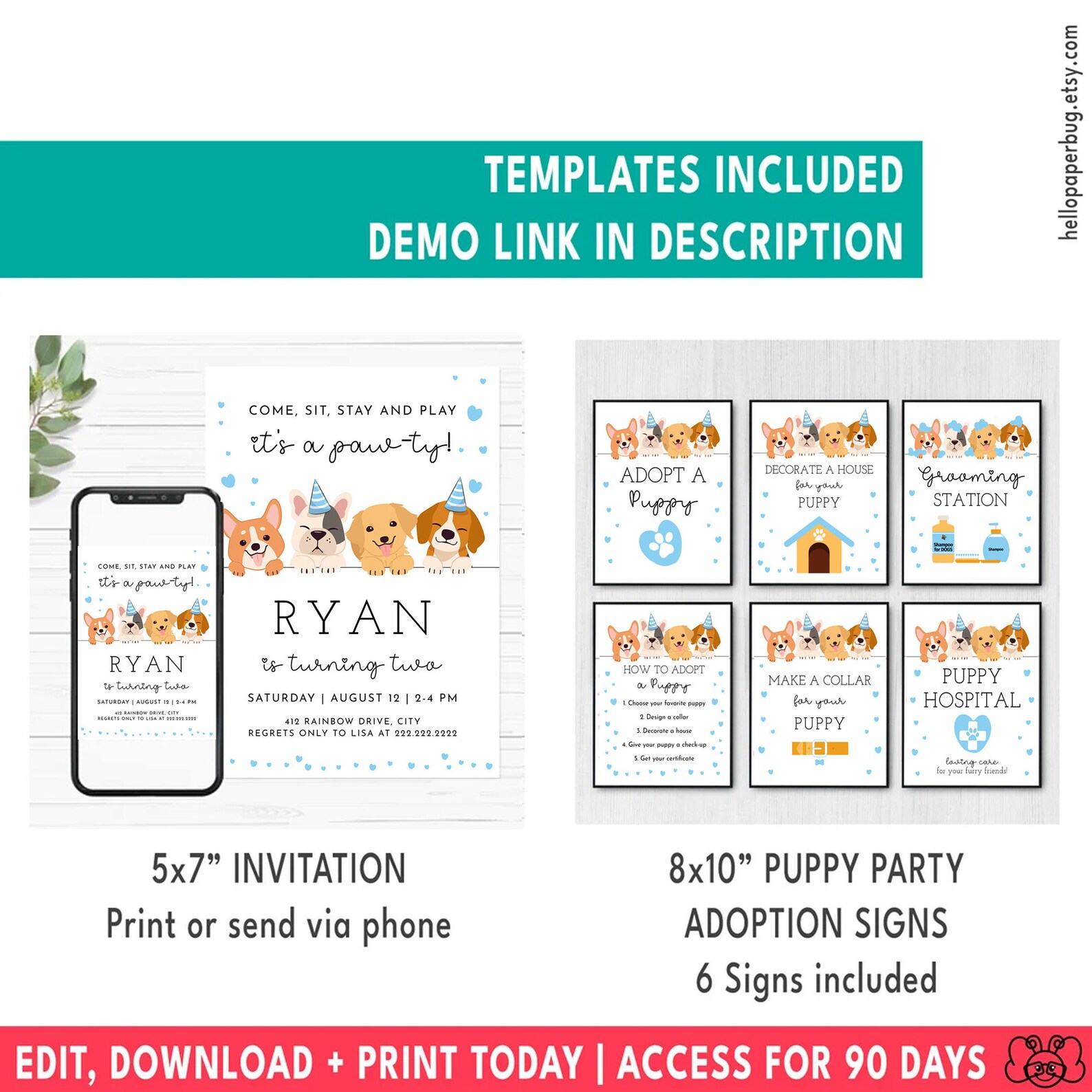 Puppy Party Template Bundle Printable Lets Pawty Decor Puppy - Etsy
