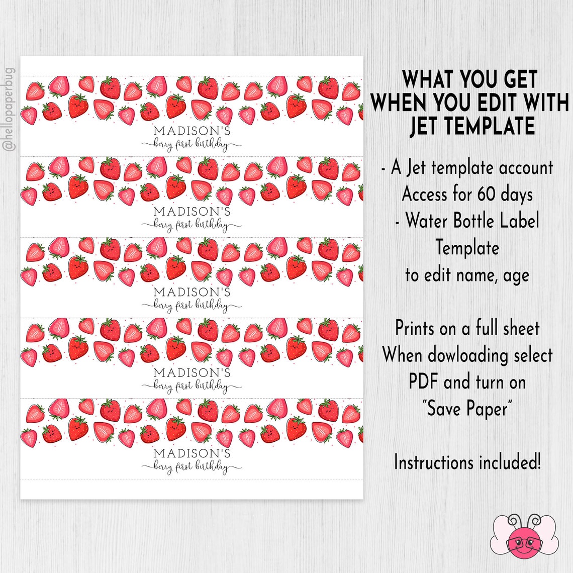 Berry First Water Bottle Label Cute Strawberry Birthday Party - Etsy