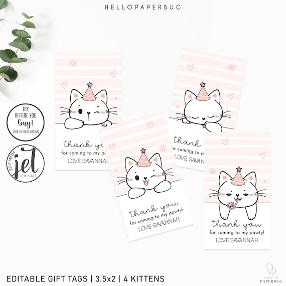 Printable Kitty Cat Birthday Tags, Kitten Gift Tags, Cat Party Favors ...