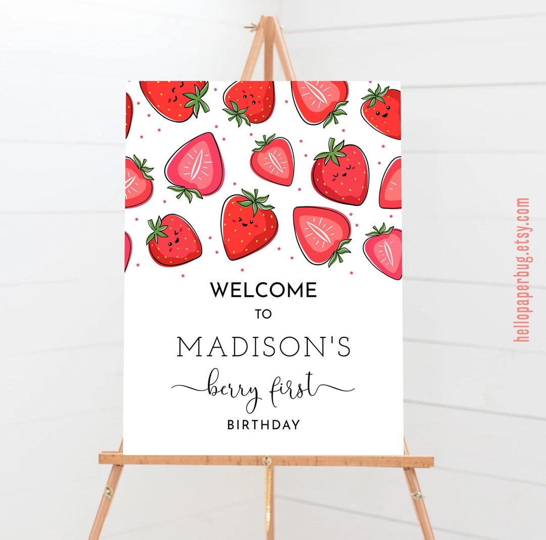 Berry First Birthday Welcome Sign, Cute Strawberry Party Welcome Poster ...
