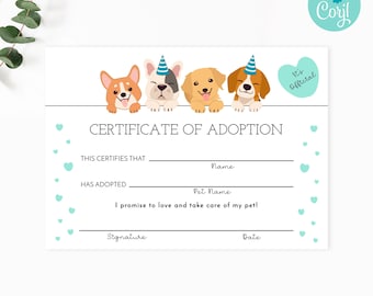 Lets Pawty Adoption Certificate Puppy Party Printable Party Favors ...
