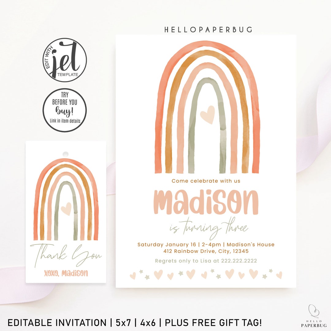 Watercolor Boho Rainbow Birthday Invitation Girl Earthy Boho - Etsy