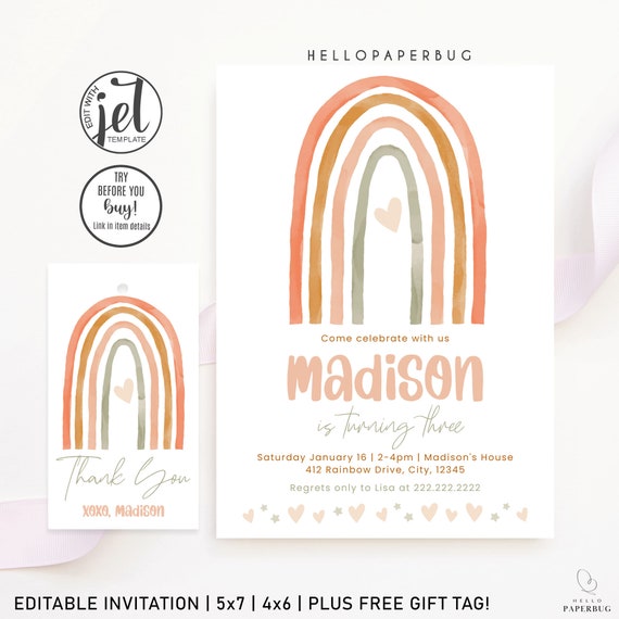 Watercolor Boho Rainbow Birthday Invitation Girl, Earthy Boho Rainbow Party Invite Any Age ...