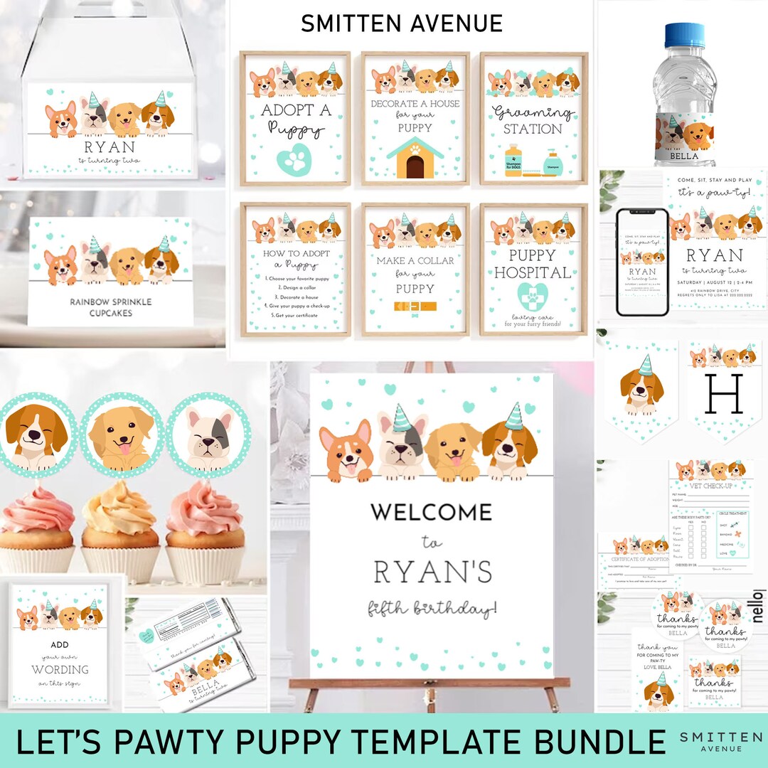 Lets Pawty Template Bundle, Printable Puppy Party Decor, Puppy Adoption ...