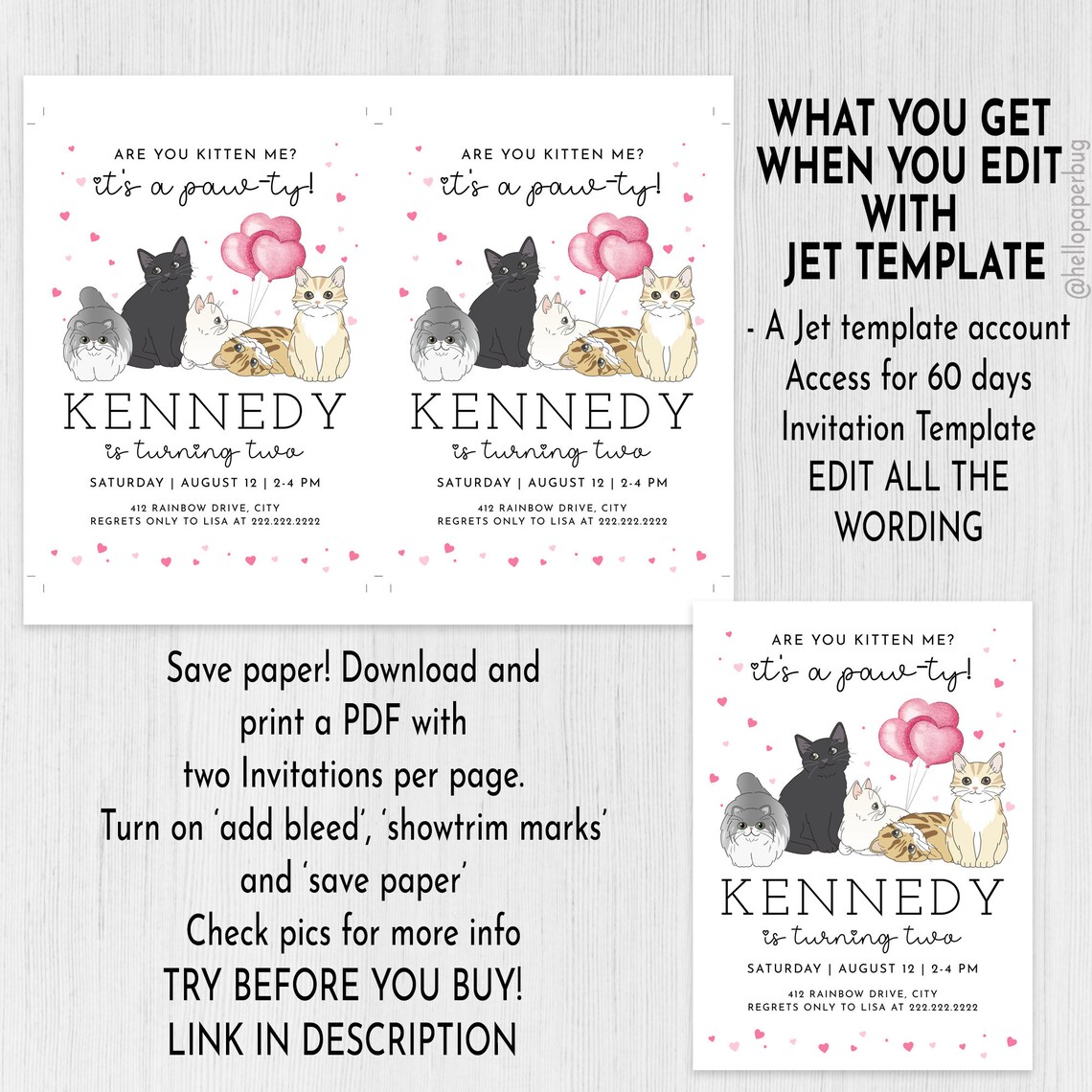 Cat Party Invitation Kitten Party Invitation Cat Birthday | Etsy