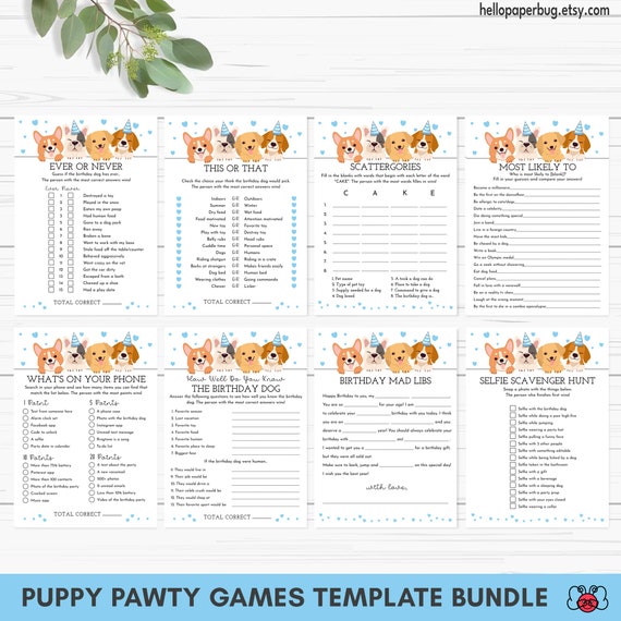 Puppy Pawty Games, Editable Dog Birthday Party Games Template Bundle ...