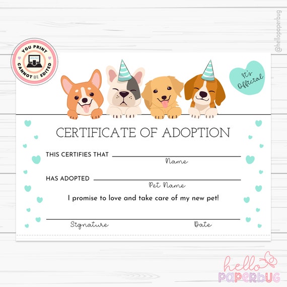Puppy Adoption Certificate, Lets Pawty Party, Printable Party Favors ...