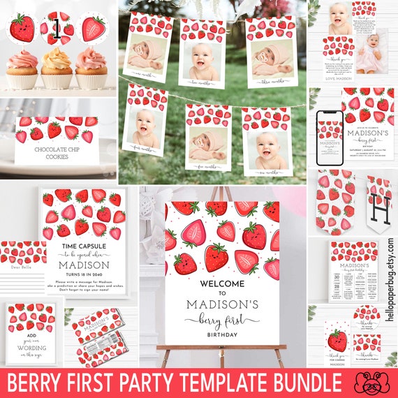 Berry First Birthday Template Bundle Printable Cute - Etsy