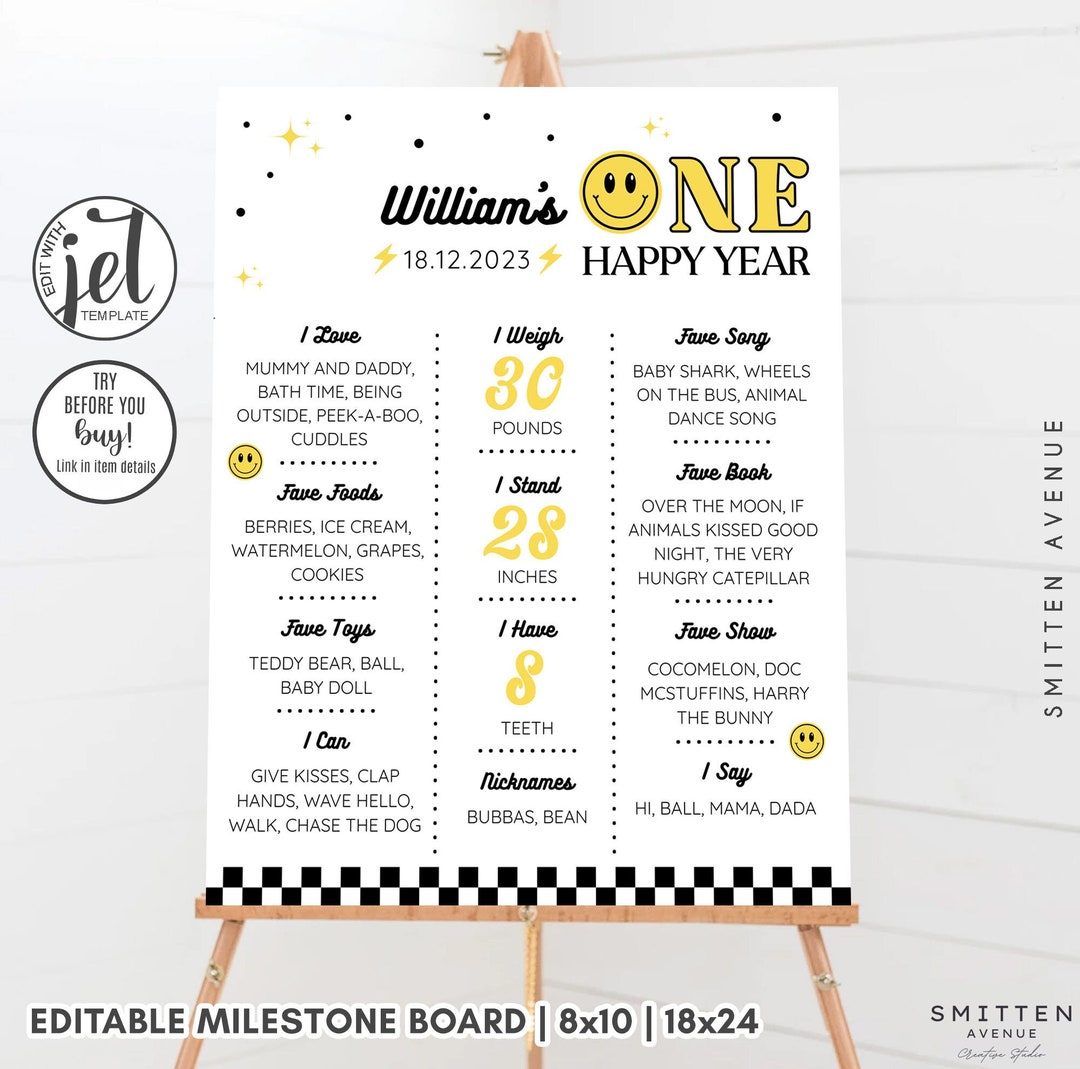 One Happy Dude Birthday Milestone Board Retro Baby 1st Birthday Stats ...
