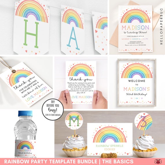 Rainbow Birthday Template Basic Bundle, Printable Rainbow Party Decor ...