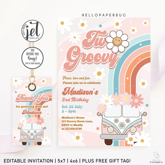 Editable TWO Groovy Girl Pink Peach Van Daisy Rainbow Groovy 2nd ...