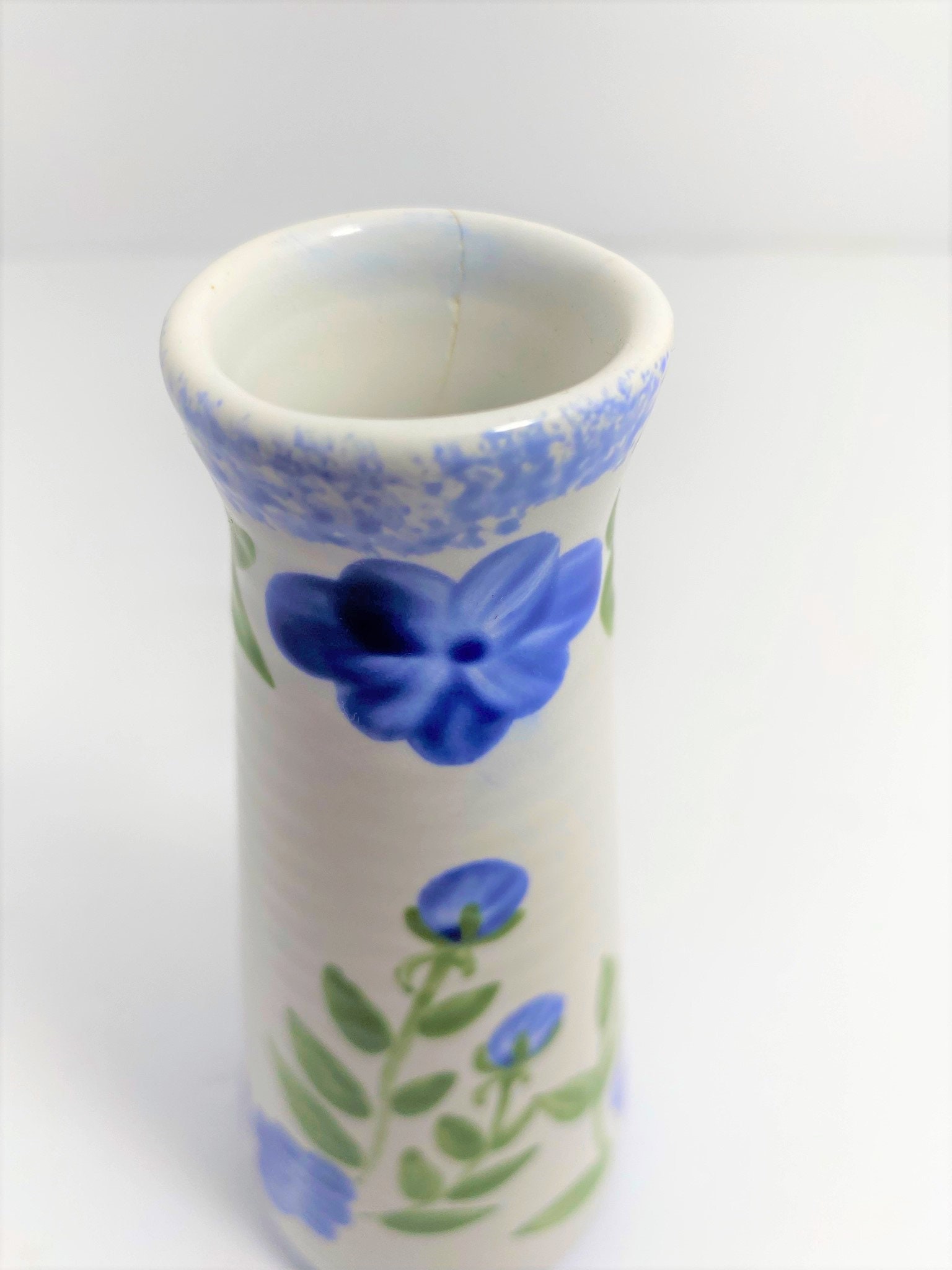 pretty stoneware bud vase blue green floral spongeware art 6 ...