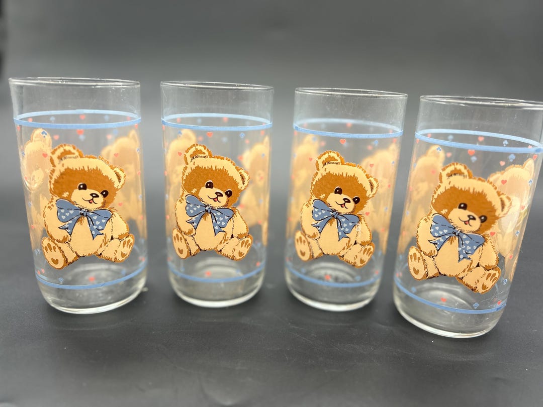Libbey Tienshan Theodore Country Teddy Bear Juice Glasses Cups Vintage ...