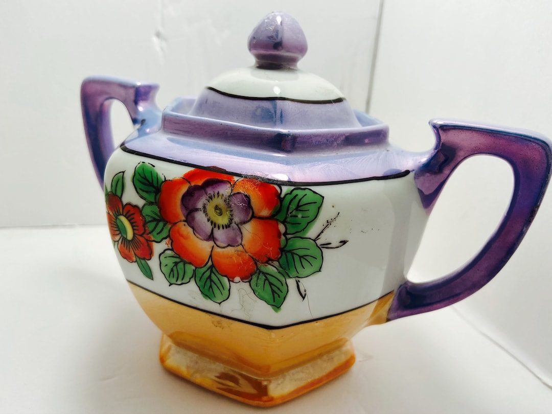 Gorgeous Antique Lusterware Luster Ware Lidded Sugar Bowl Orange Blue ...