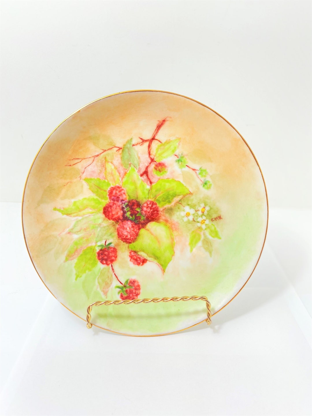 Antique Vintage Bavaria Plate Hand Painted Raspberries Floral Gold 7 1/ ...